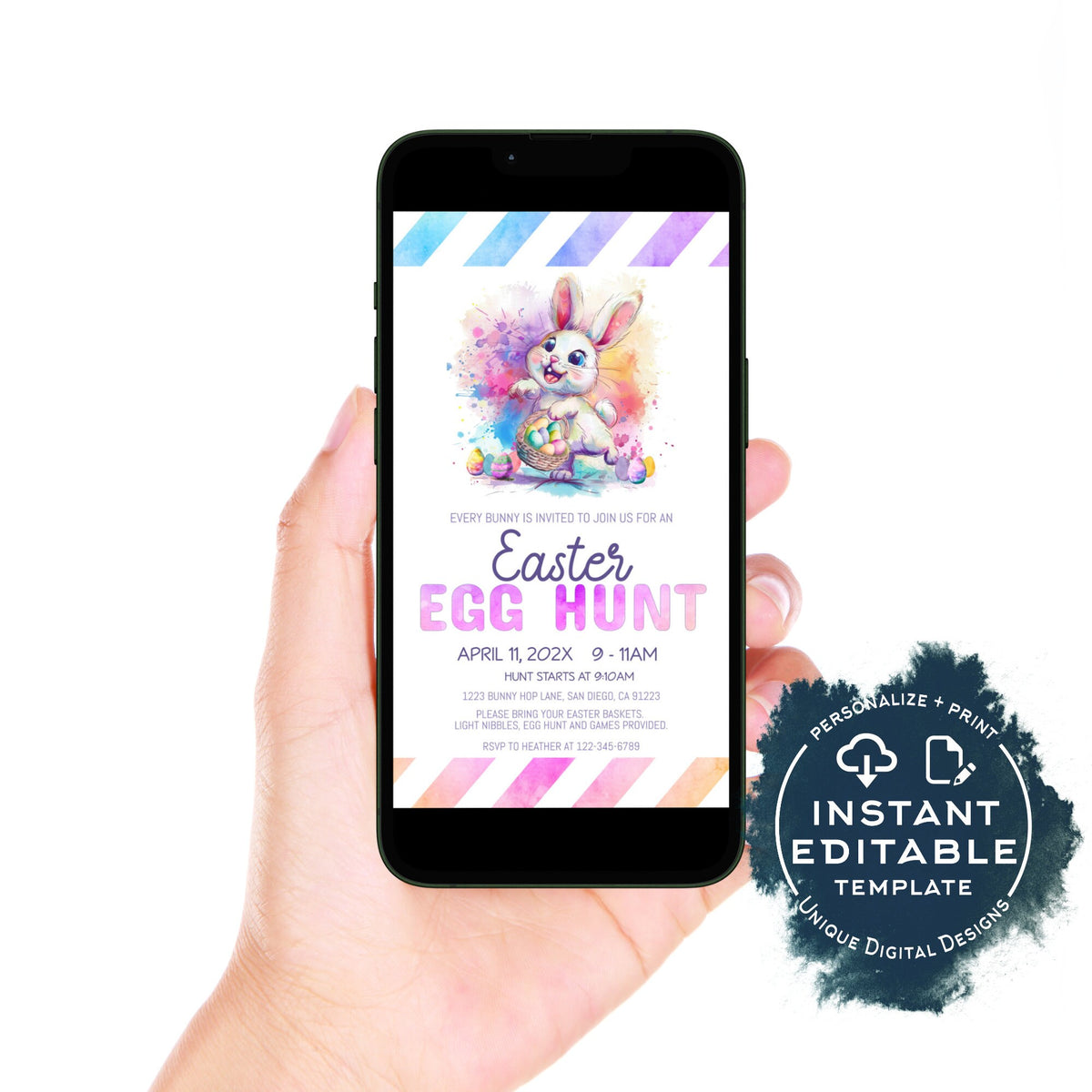 Easter Egg Hunt Invite, Editable Easter Invite, Watercolor Birthday Pa