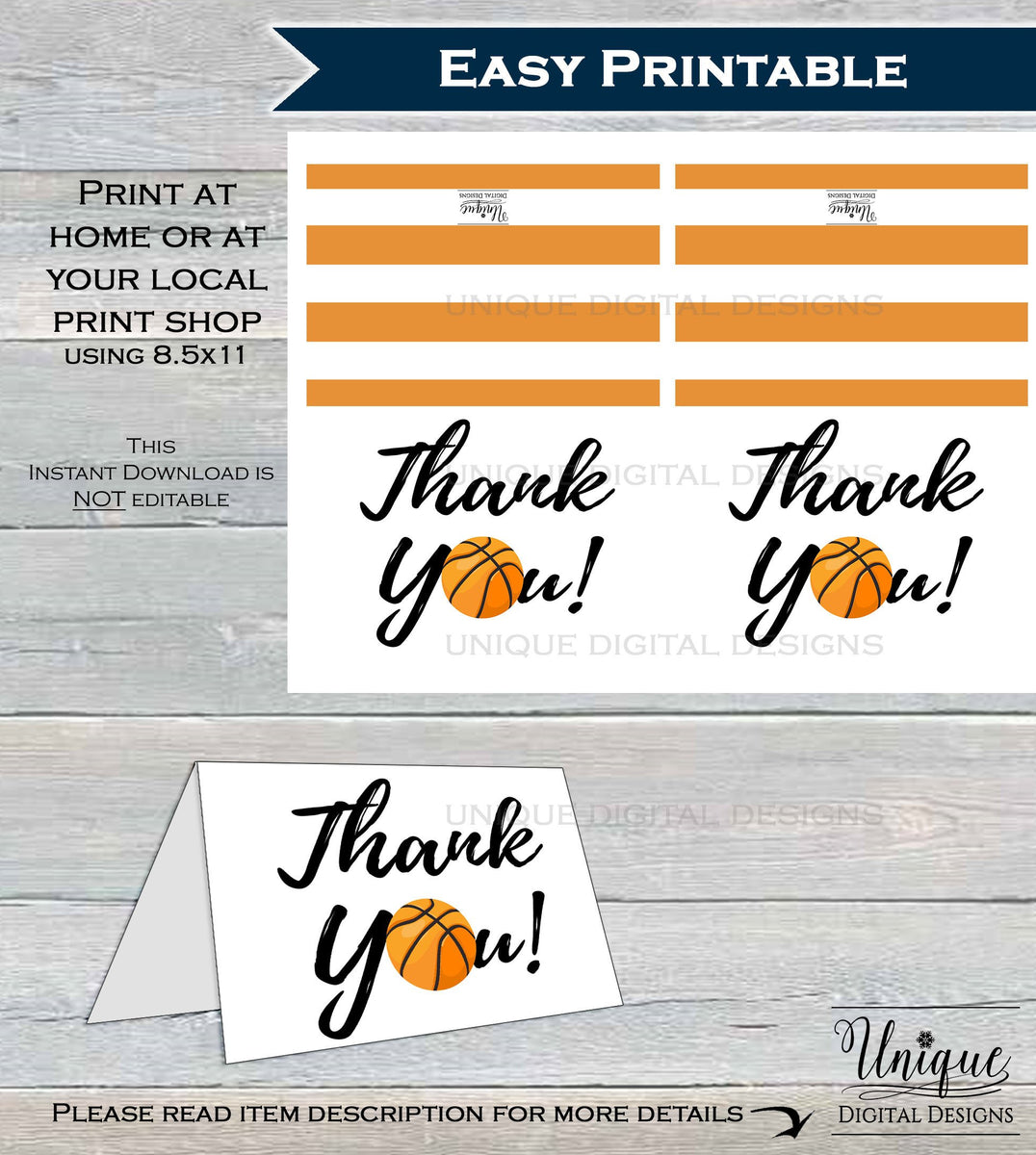 Basketball Thank You Card, Sport Basketball Birthday, Basketball Thank