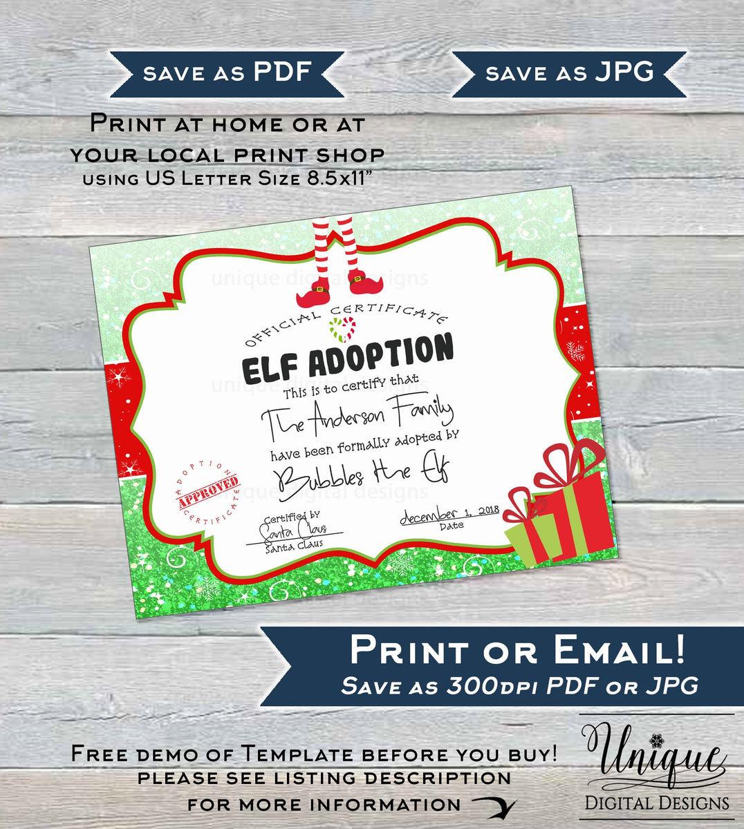 Editable Elf Adoption Certificate, Elf Adoption Letter, Custom Santa C