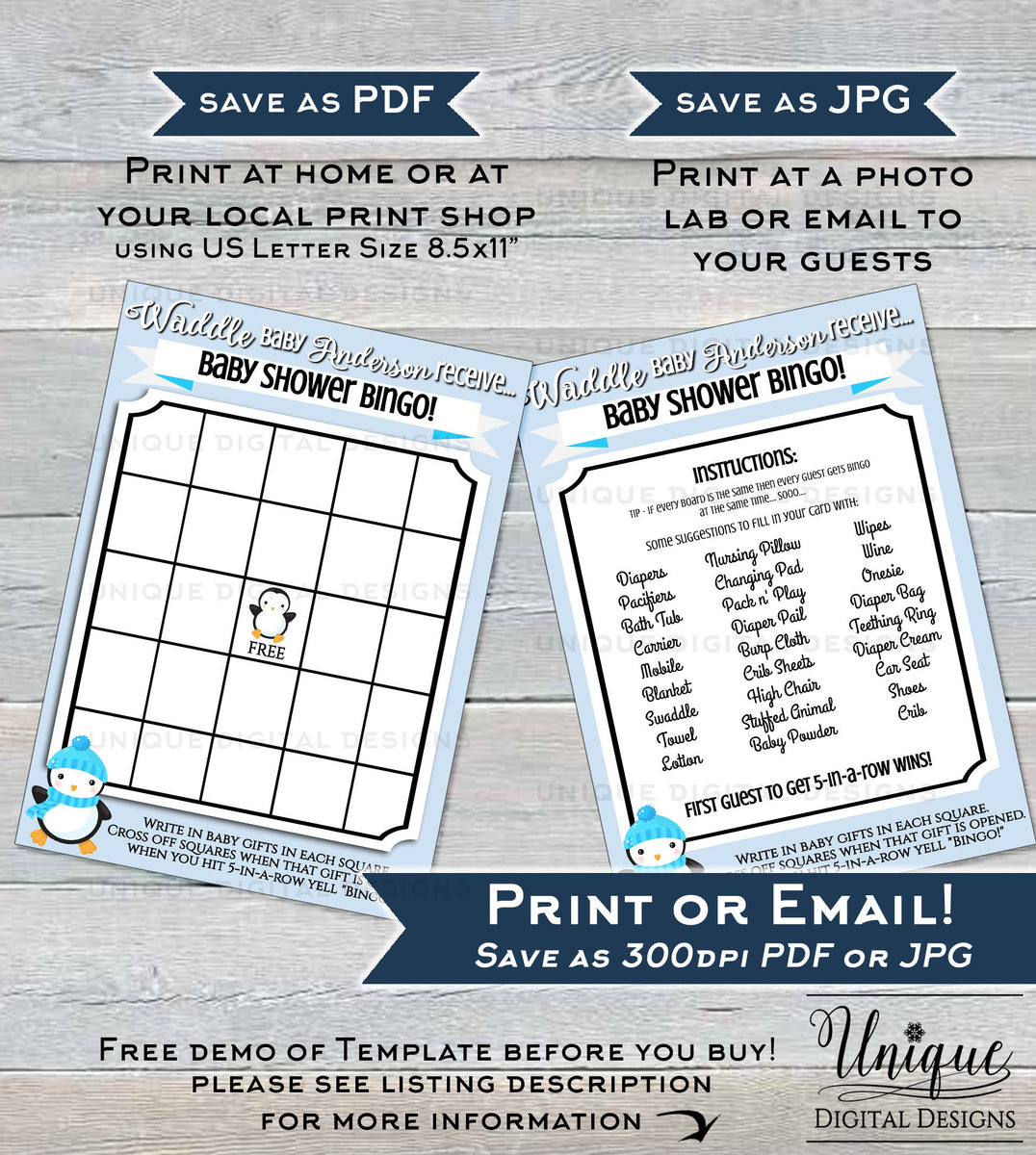 Editable Baby Shower Bingo Cards, Penguin Theme Baby Shower Game, Its