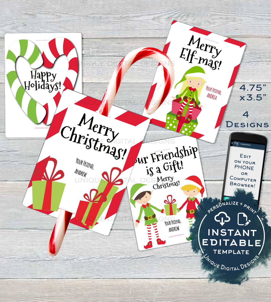 Candy cane Christmas Classroom Favors Tag, Kids Editable Christmas Tha