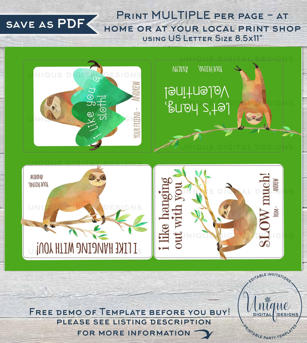 Sloth Valentine Card, Kids Editable Valentines Day Sloth Classroom, I