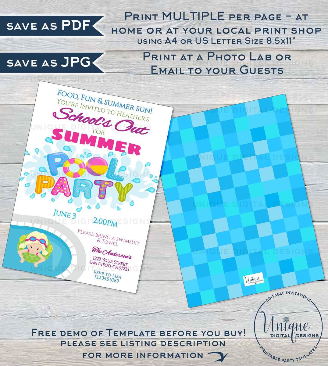 Schools Out for Summer Pool Party Invitation, Editable End of School P