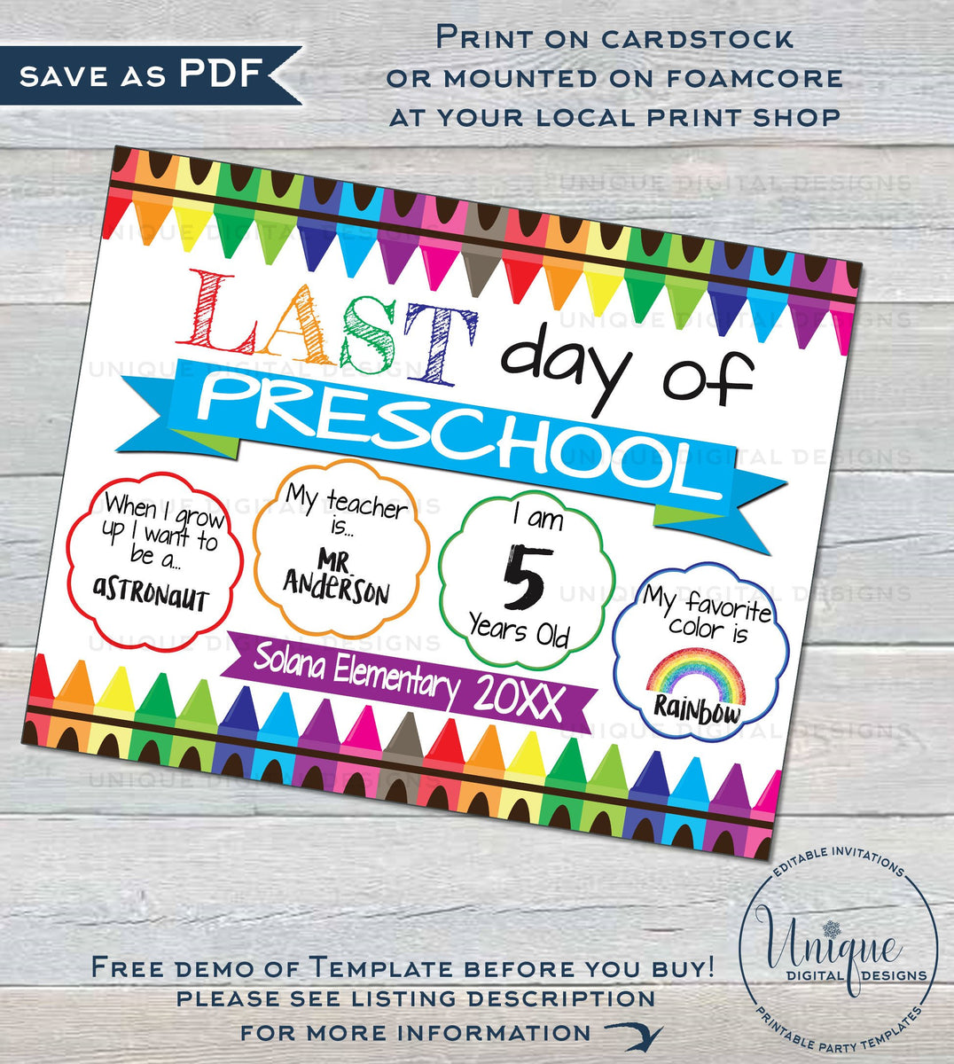 Editable Last day of School Sign, reusable First day School Crayon, Gr