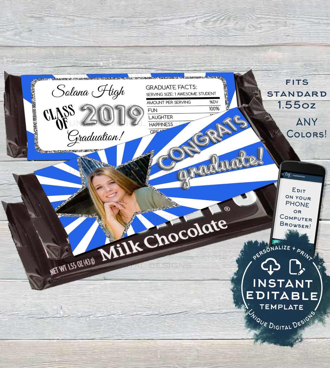 Chocolate Graduation Party Decorations, Editable Candy Bar Wrapper Pri