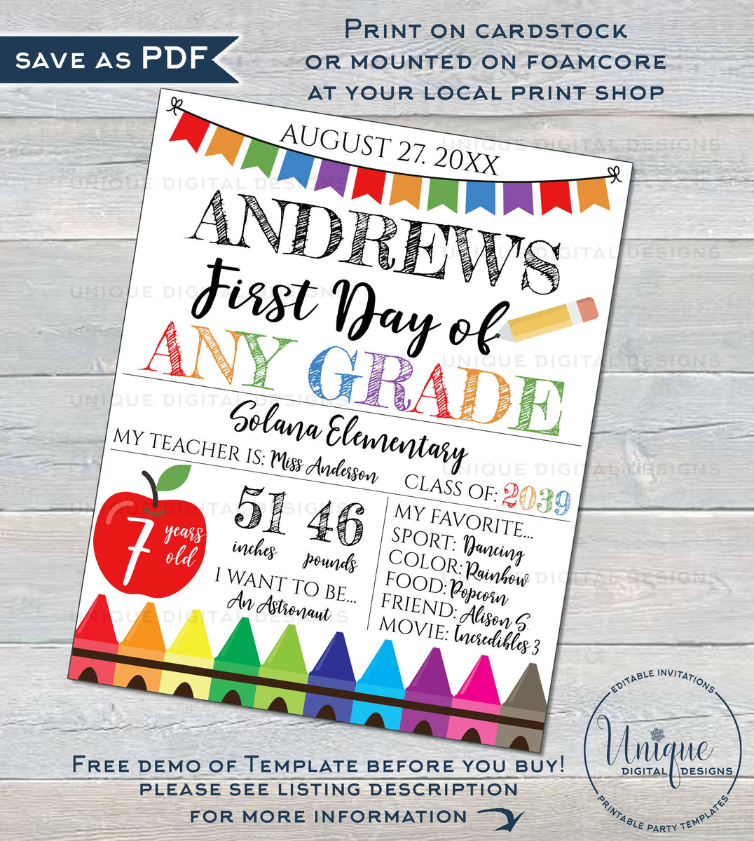 Editable Back to School Photo Prop, 1st Day of Back to School Poster,
