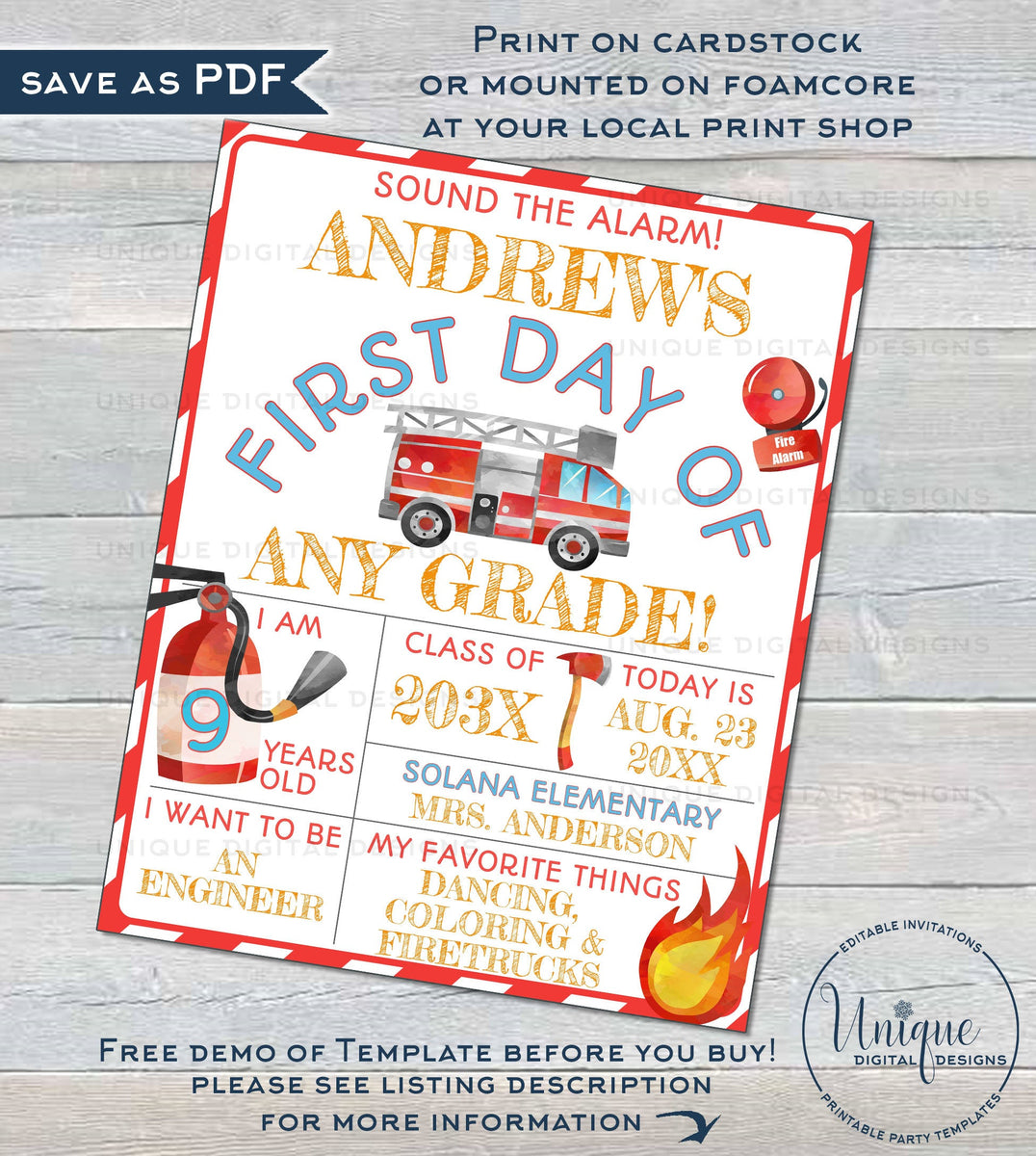 Editable First Day of School Sign, Firetruck Back to School Photo Prop
