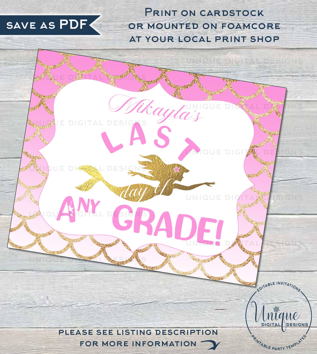 Editable Mermaid Back to School Signs, Girls Reusable First Day plus L