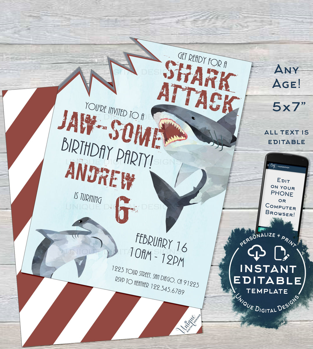 Editable Birthday Favor Tag, Shark Party Favor, Jawsome Thank You Favo