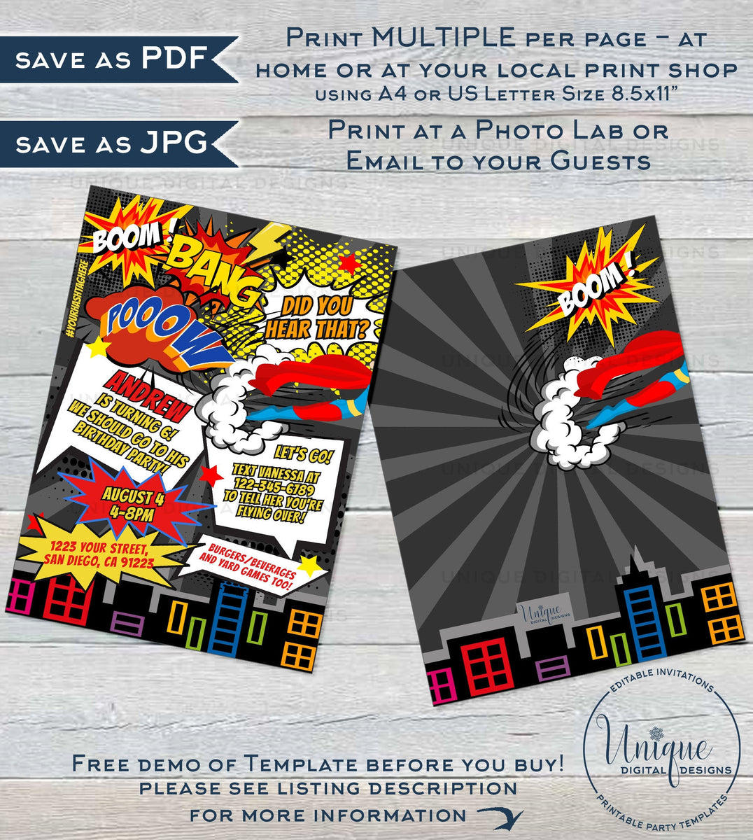 Comic Book Superhero Birthday Invitation, Editable Boys Superhero Part