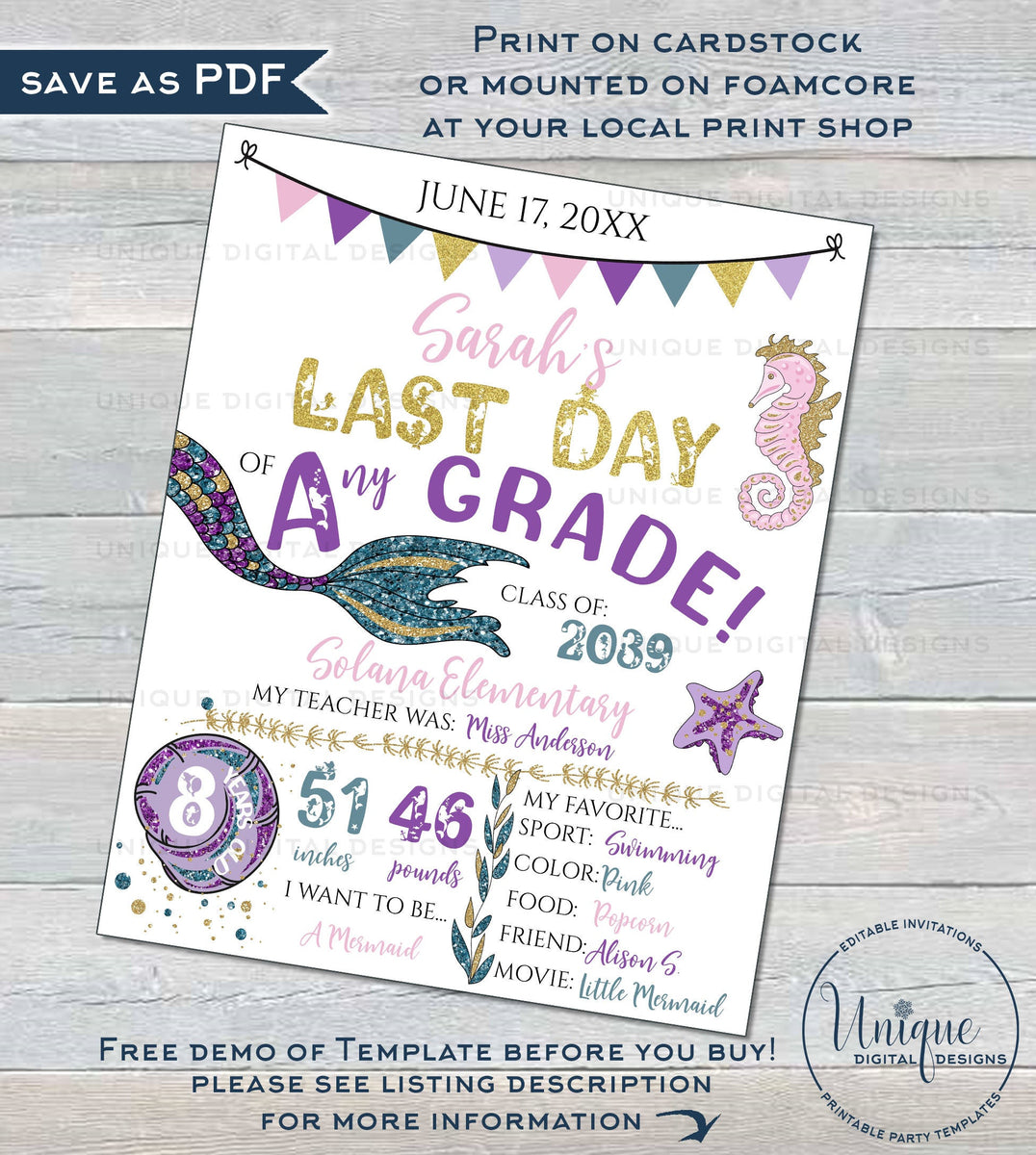Editable Back to School Photo Prop, Girls Mermaid 1st Day Back to Scho