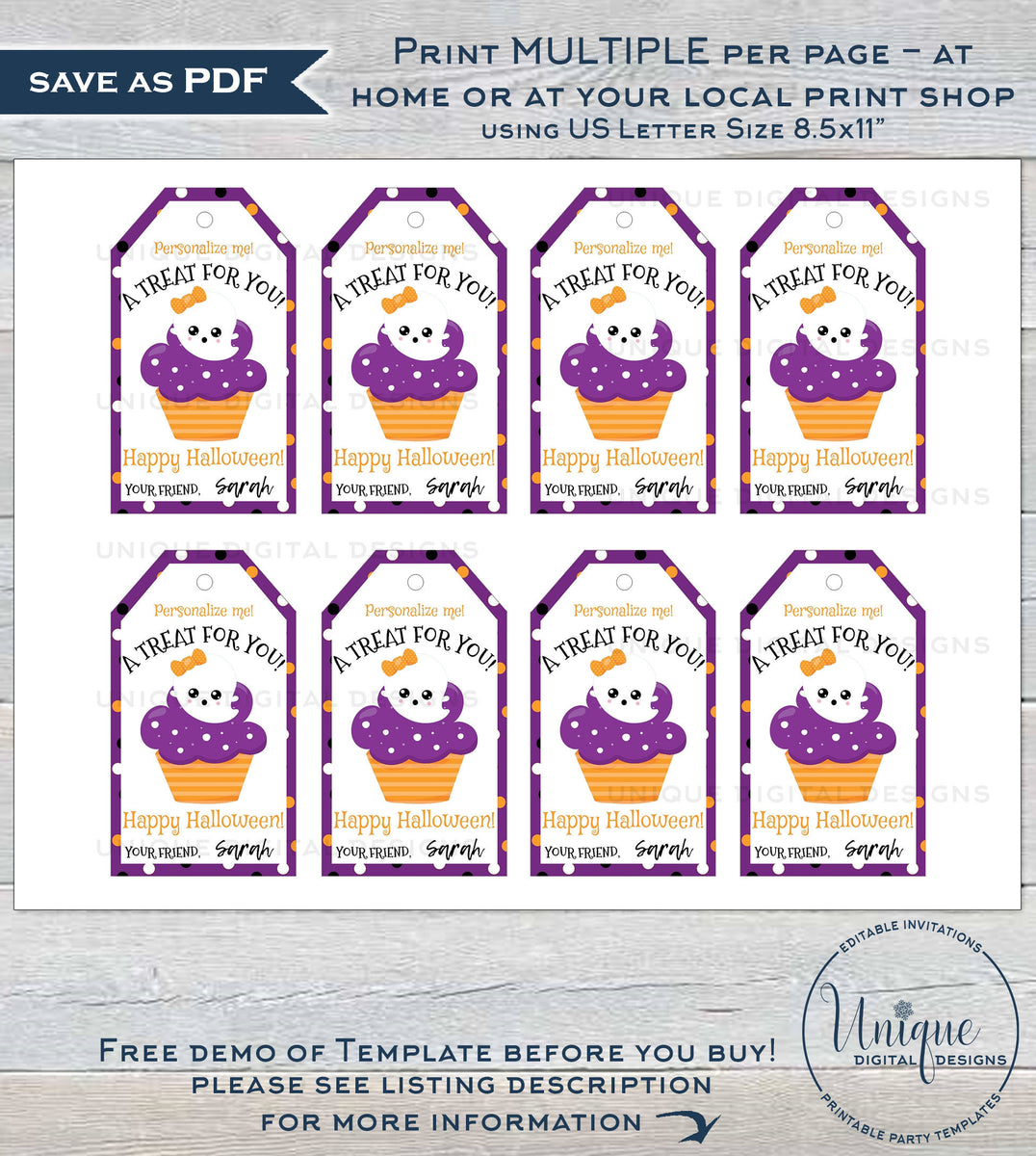 Editable Halloween Favor Tags, Personalized Halloween Tags Trick or Tr