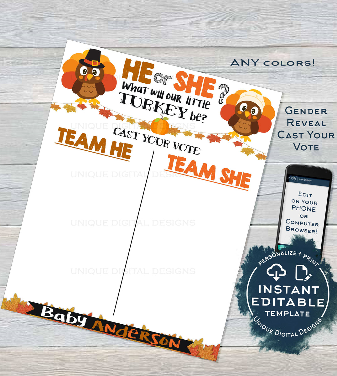 Little Turkey Gender Reveal Party Sign, Editable Cast your Vote Sign,