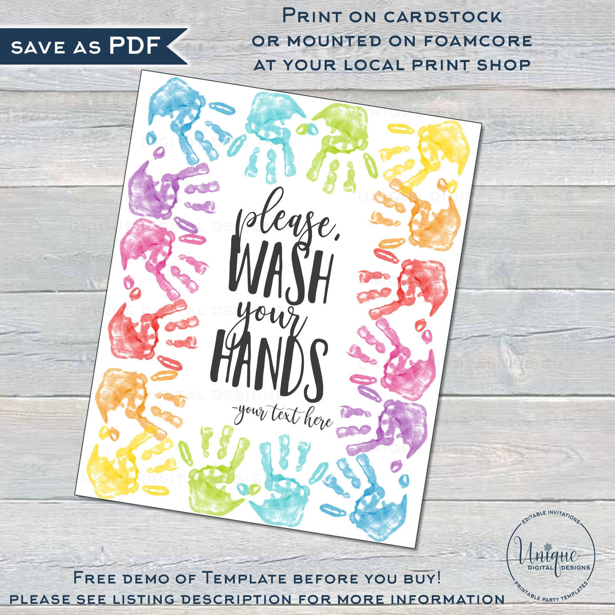 Editable Wash Your Hands Sign Printable for Kids, Personalized Classro