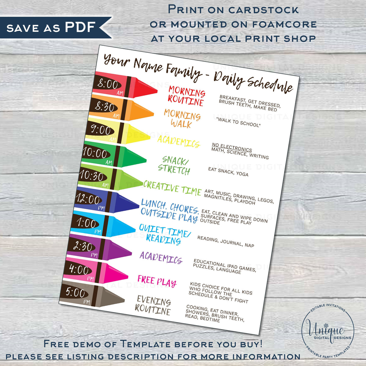 Editable Home School Daily Planner, Kids Custom Schedule Chart, Rainbo