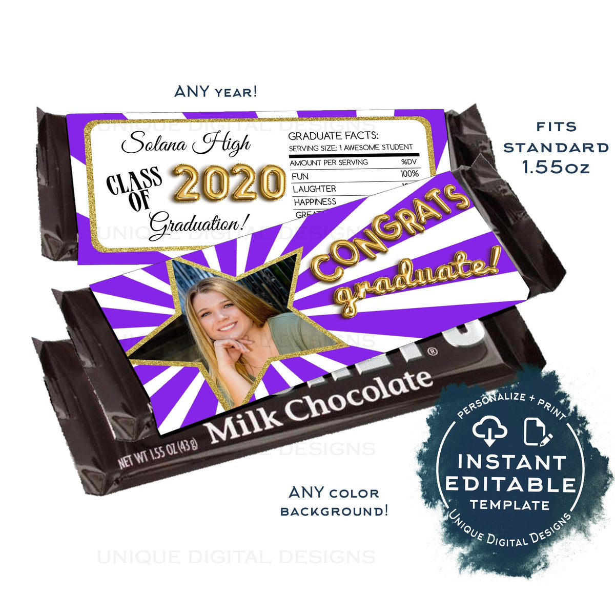 Chocolate Graduation Party Decorations, Editable Candy Bar Wrapper Pri