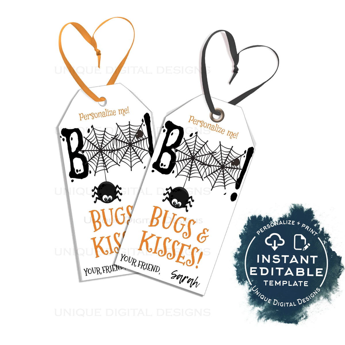 Editable Halloween Favor Tags, Bugs and Kisses Personalized Halloween