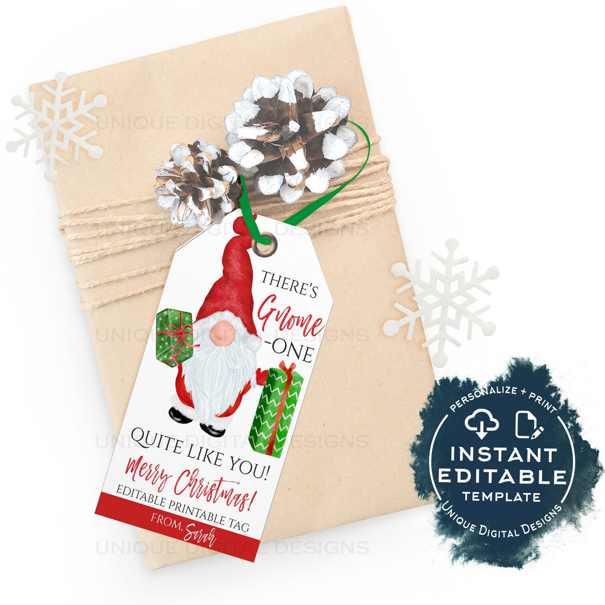 Editable Christmas Gift Tags, There's Gnome-one like you, Printable Ho