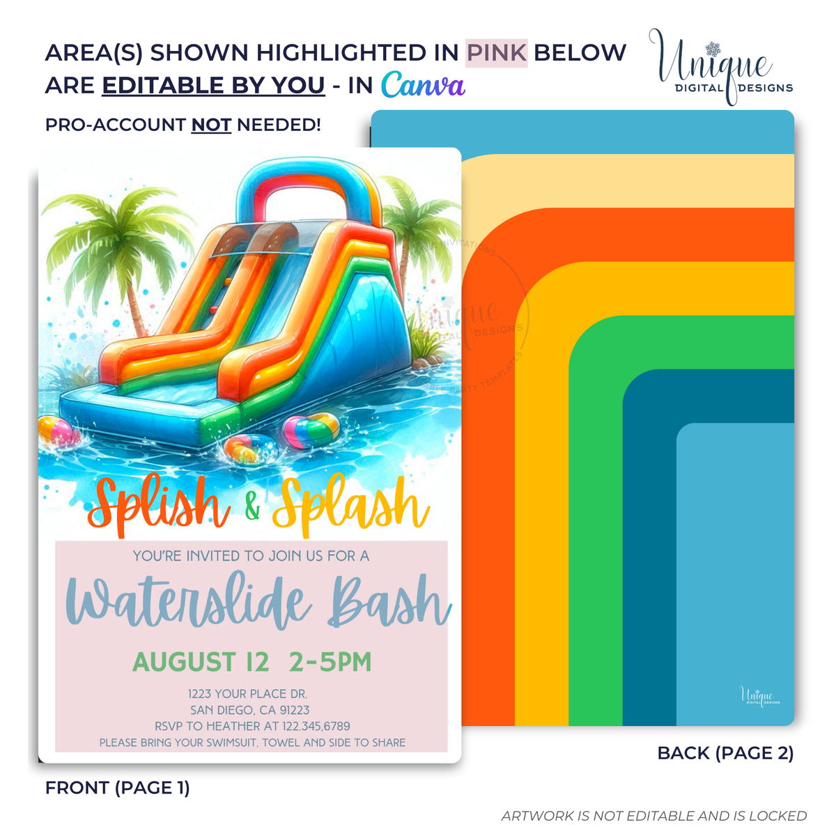 ANY Event! Editable Splish Splash Waterslide Bash Party Invitation, Bi