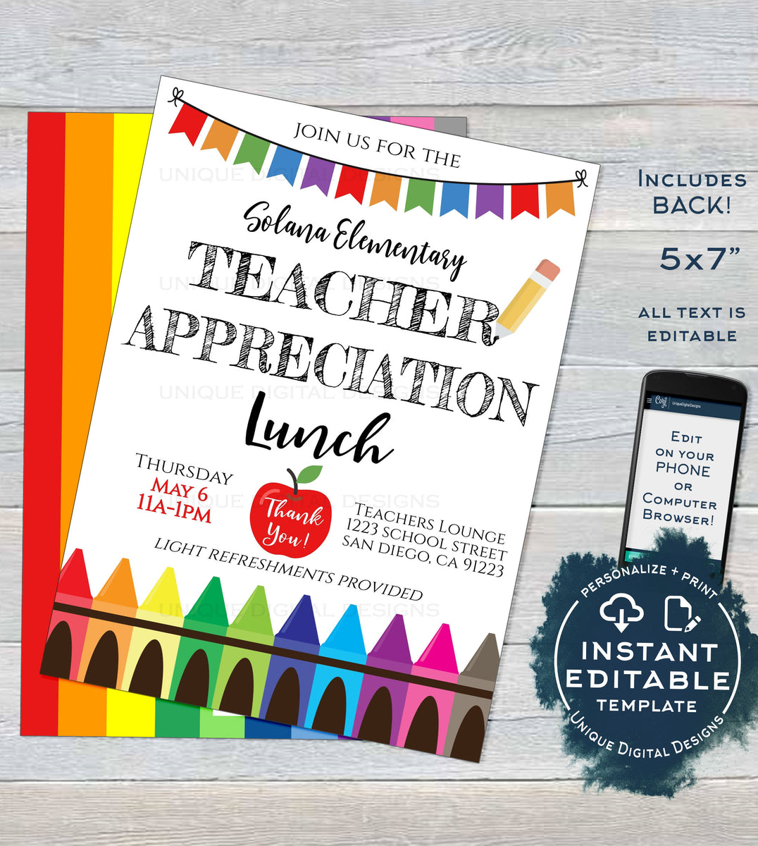 Teacher Appreciation Lunch School Invitation, Editable School Staff Ap