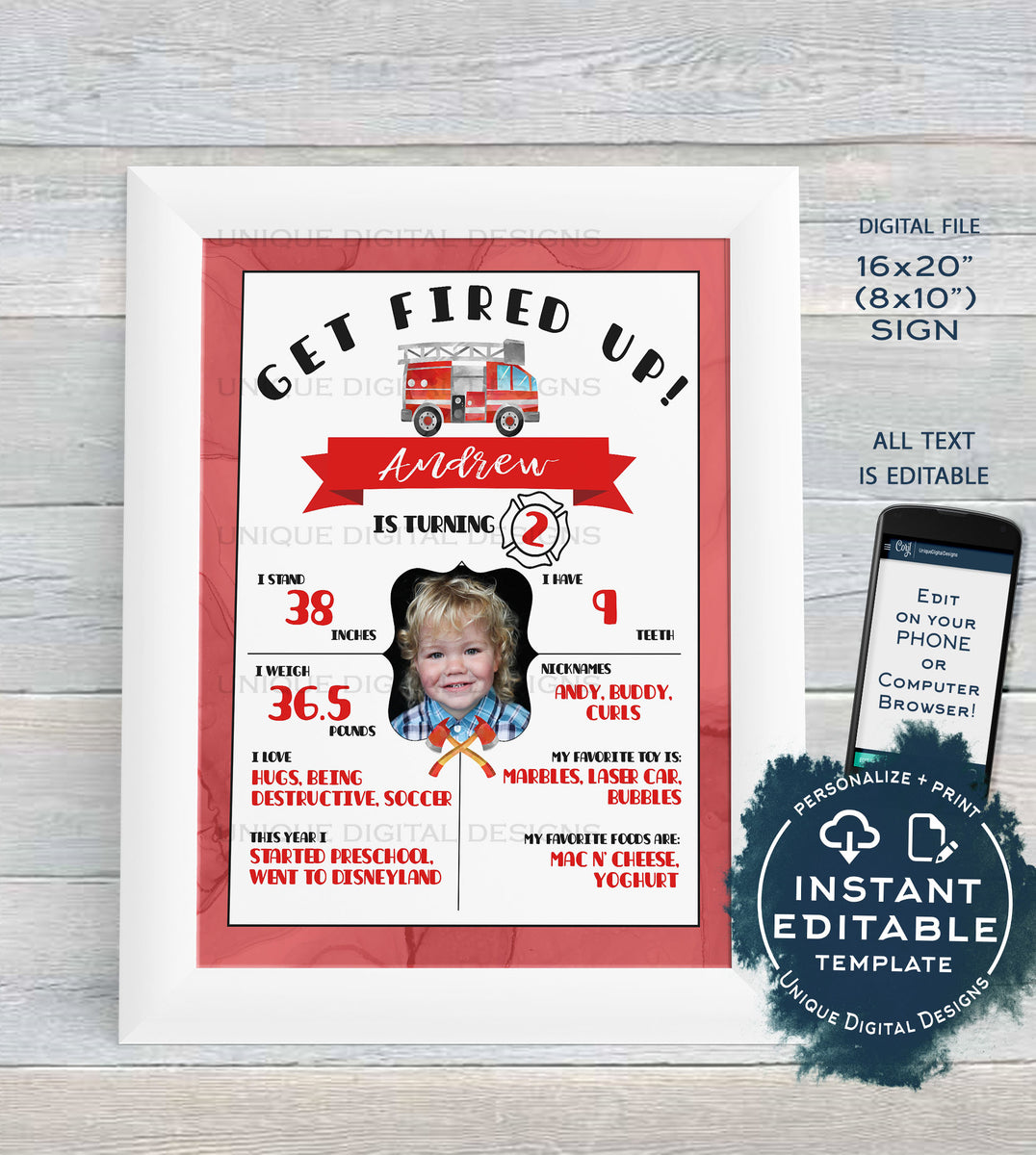 Fire Truck Birthday Decorations, Editable Firefighter Birthday Board,