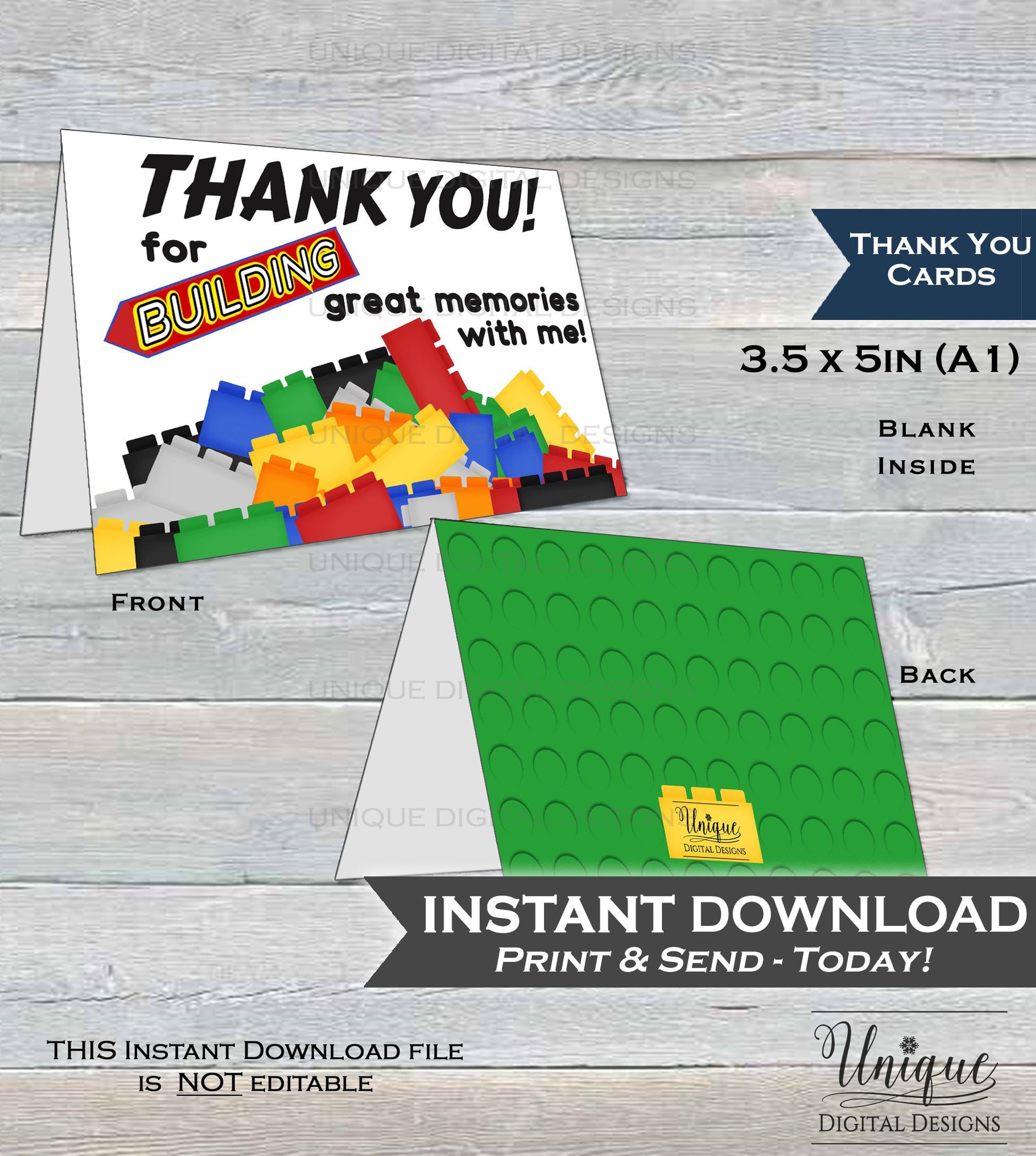 Printable Thank You Card, Building Block Birthday Thank You, Block Par