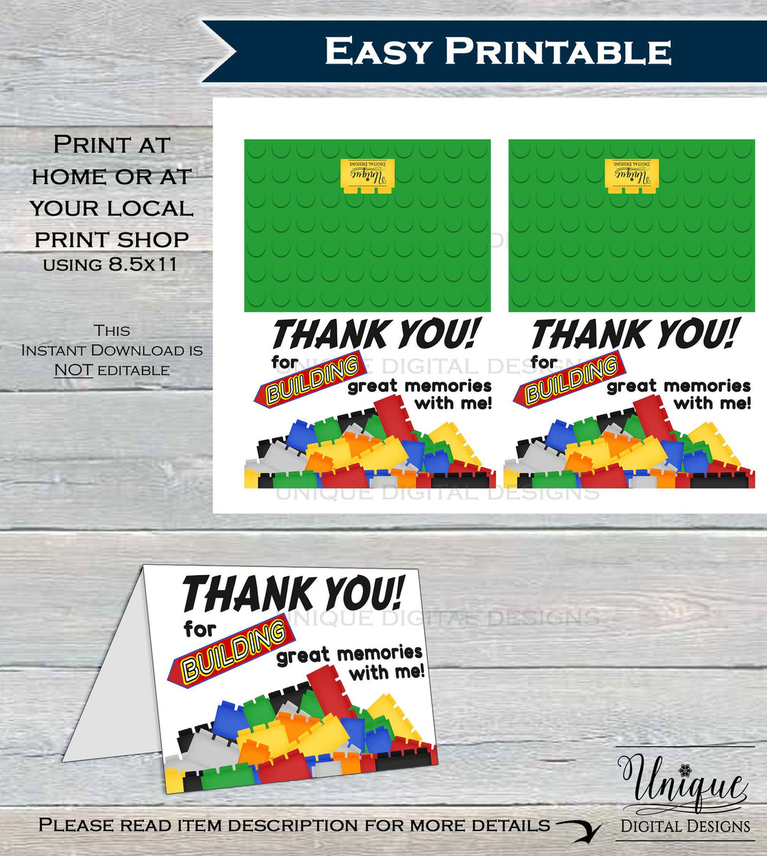 Printable Thank You Card, Building Block Birthday Thank You, Block Par