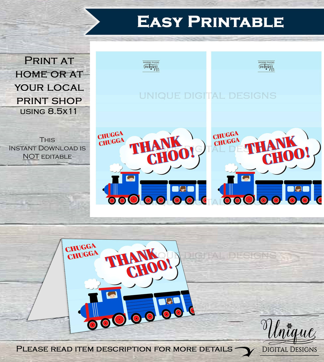 Train Thank You Card, Train Birthday, Chugga Chugga Thank Choo Party,