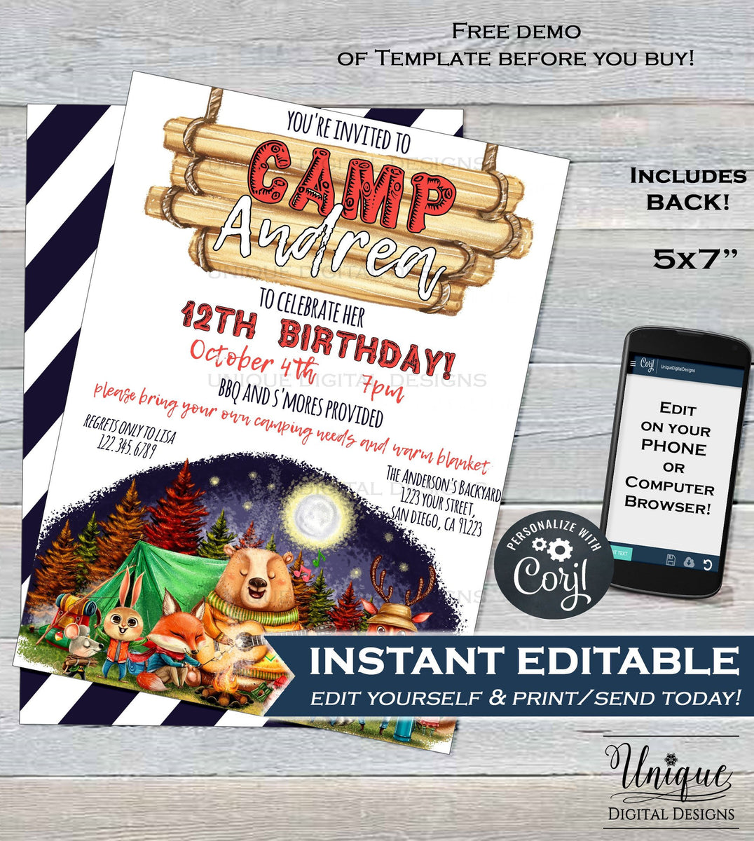 Camping Birthday Invitation, Editable Glamping Invitation, Backyard Bo