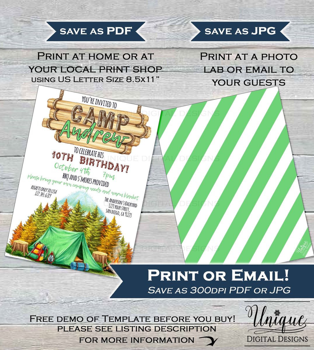 Camping Birthday Invitation, Editable Glamping Invitation, Backyard Bo