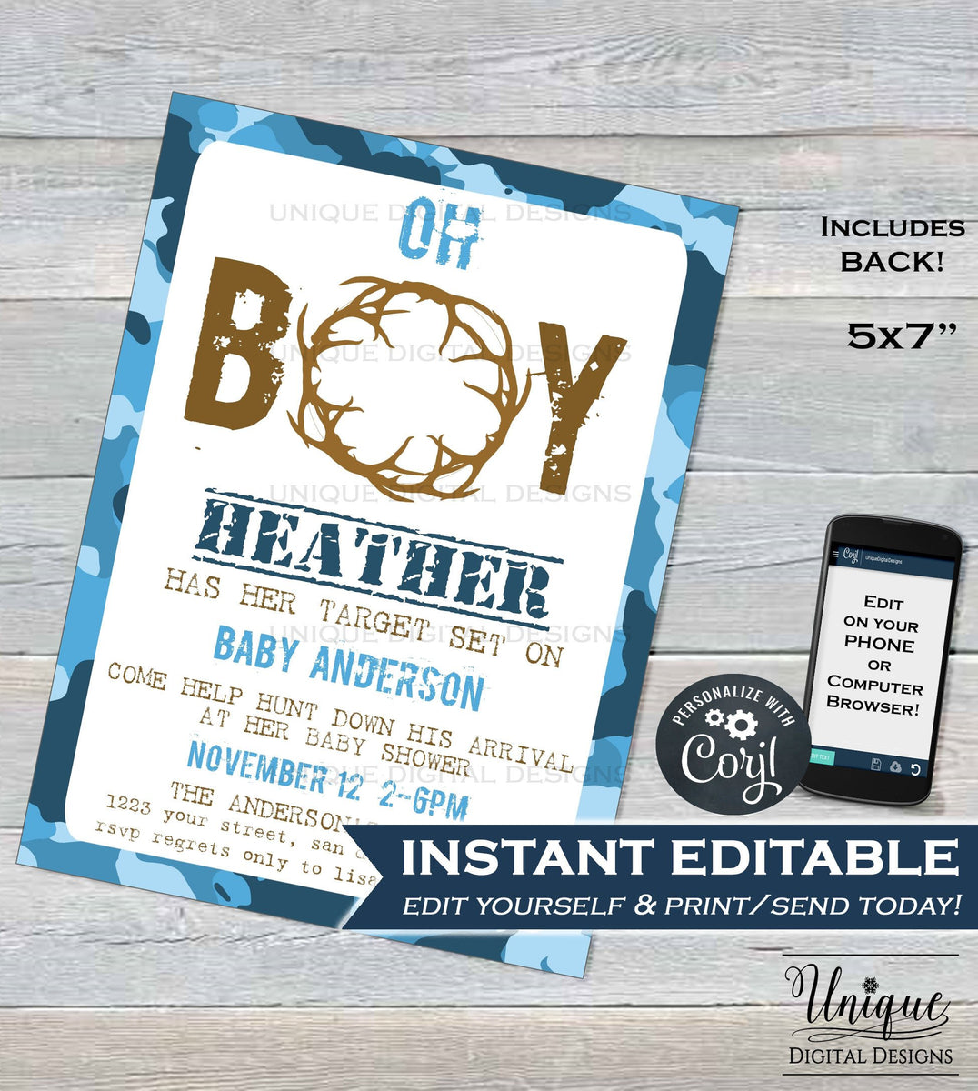 Hunting Baby Shower Invitation, Editable Hunting Baby Boy Invite Oh De
