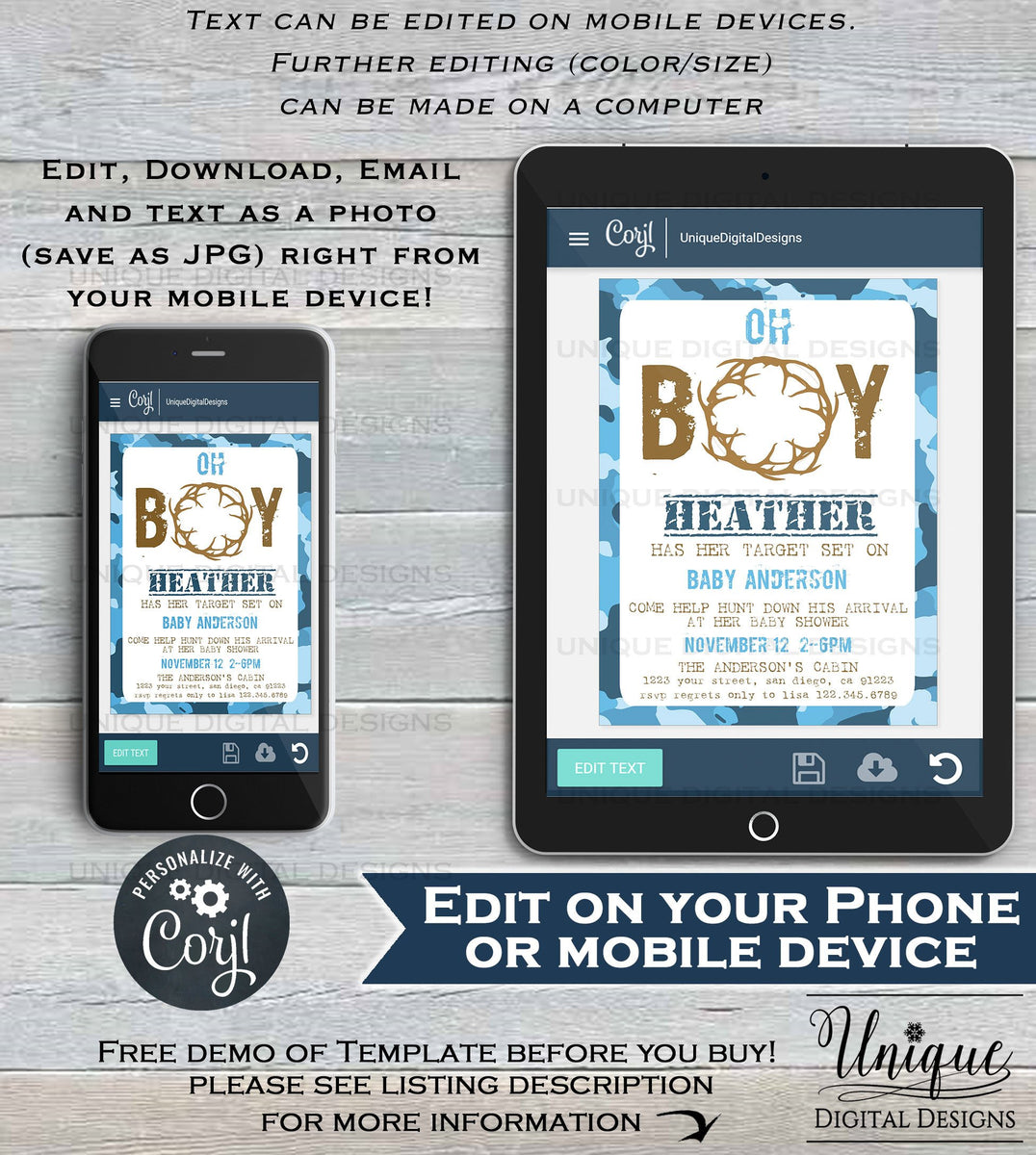 Hunting Baby Shower Invitation, Editable Hunting Baby Boy Invite Oh De
