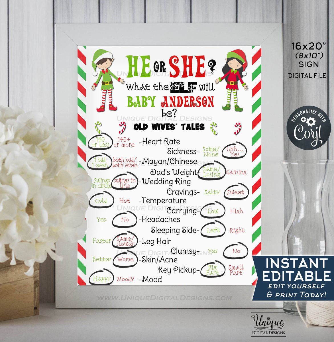 Editable Christmas Elf Gender Reveal Party Old Wives Tales Sign, He or