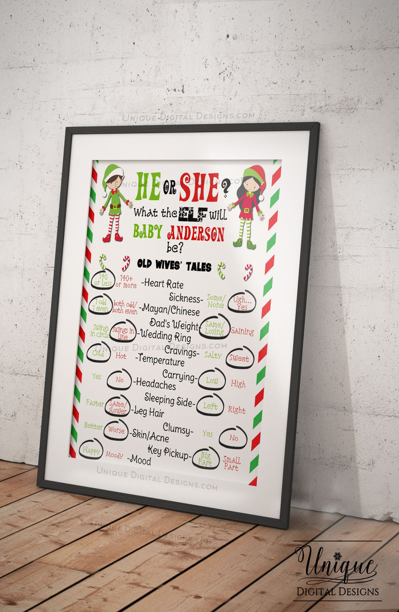 Editable Christmas Elf Gender Reveal Party Old Wives Tales Sign, He or
