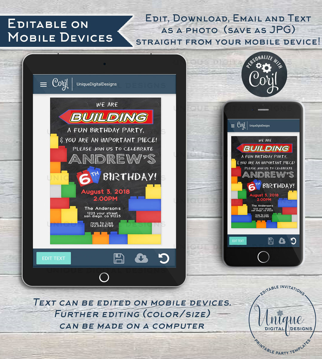 Block Party Invitation, Editable Boys Building Block Birthday Invite,