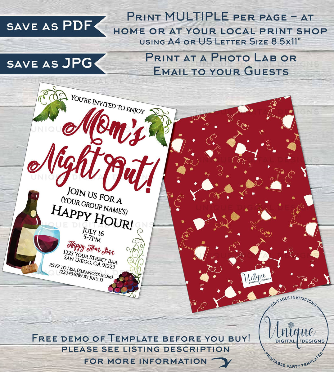 Editable Girl's Night Out Invitation, Cocktail Party Invite, Moms Nigh