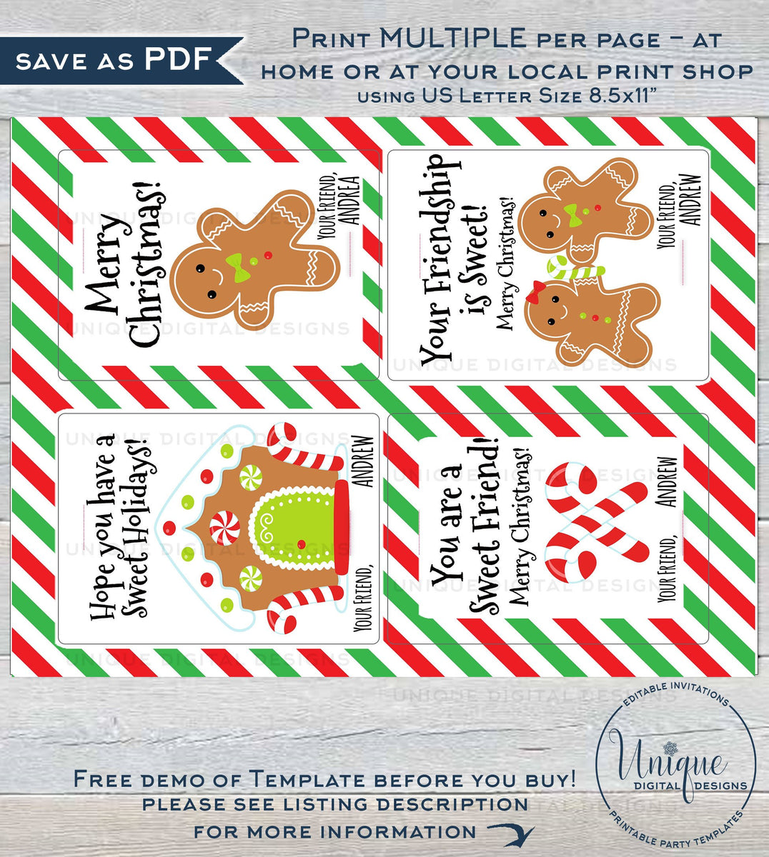 Candy cane Christmas Favors Tag, Kids Classroom Editable Christmas Tha