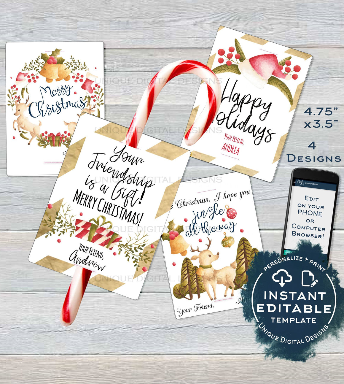 Christmas Classroom Favors Tag, Kids Editable Christmas Candy Cane Tha