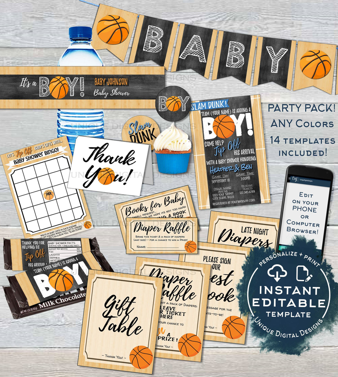 Basketball Baby Shower Invitation KIT, Diaper Raffle Books Baby Boy, E