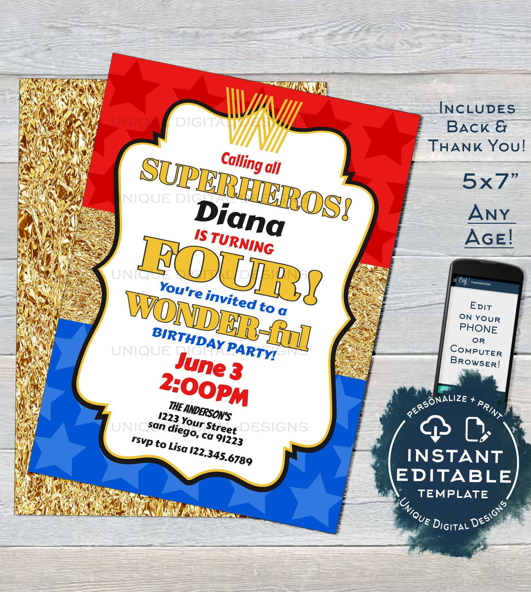 Superhero Invitation Wonder Woman Party Invite Superman Birthday Invit