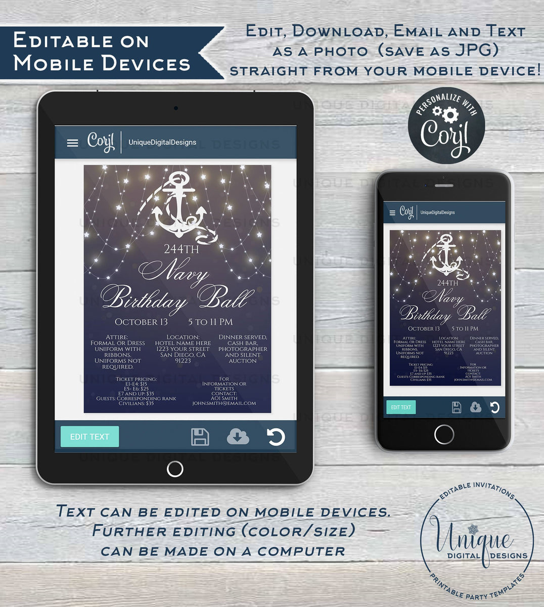 Military Ball Flyer, Navy Birthday Ball Invitation Editable Military B