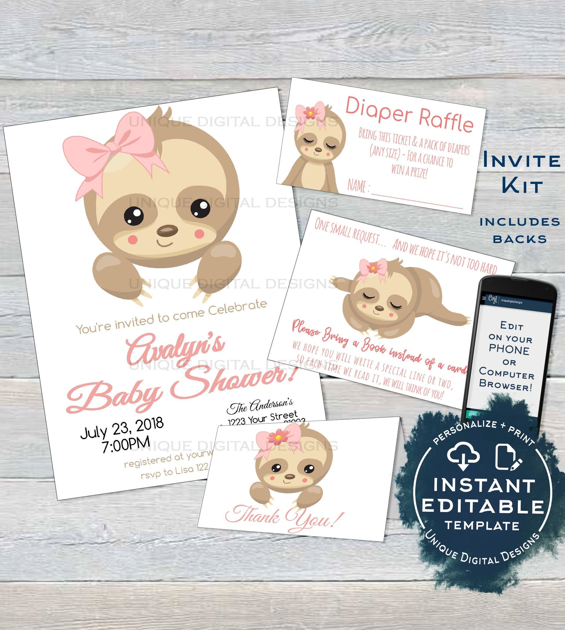 Sloth Baby Shower Invitation KIT, Editable Girls Sloth Baby Shower Inv