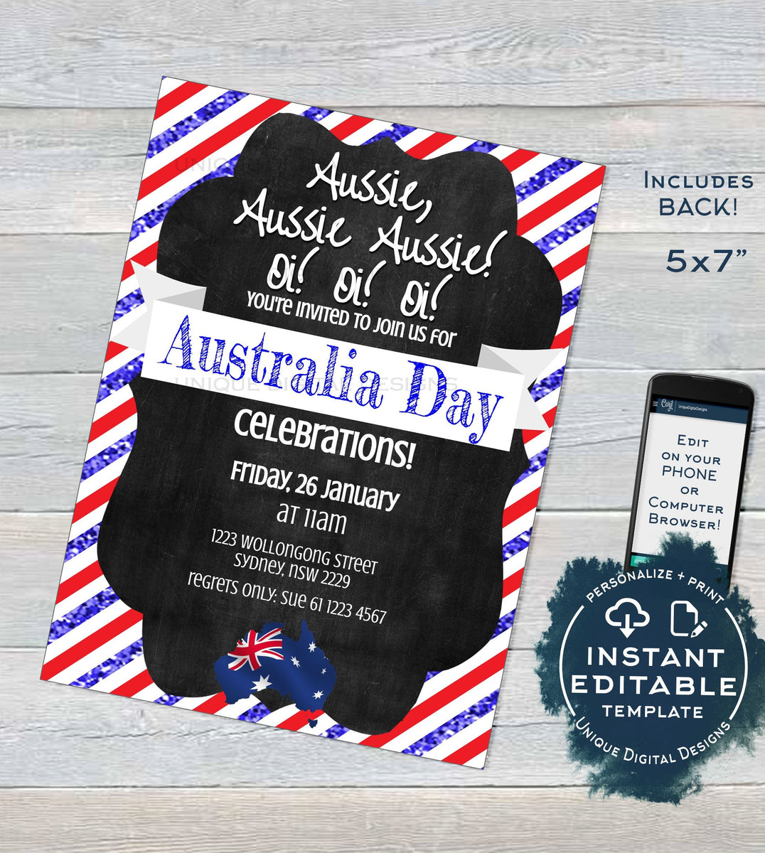 Editable Australia Day Invitation, Aussie Invite Oi Oi 26 January Flag