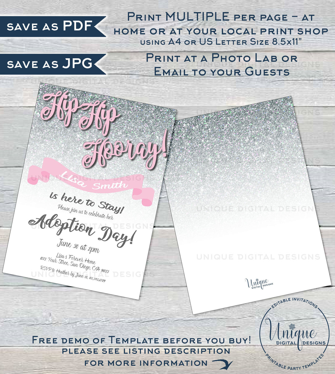 Adoption Day Invitation, Editable Mothers Day New Family Invite, Hip H