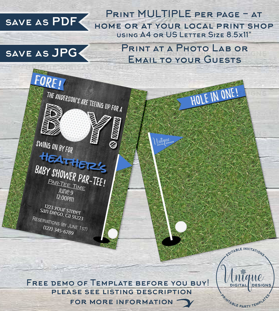 Golf Baby Shower Invitation, Editable Hole in One Par-tee Invite Golf