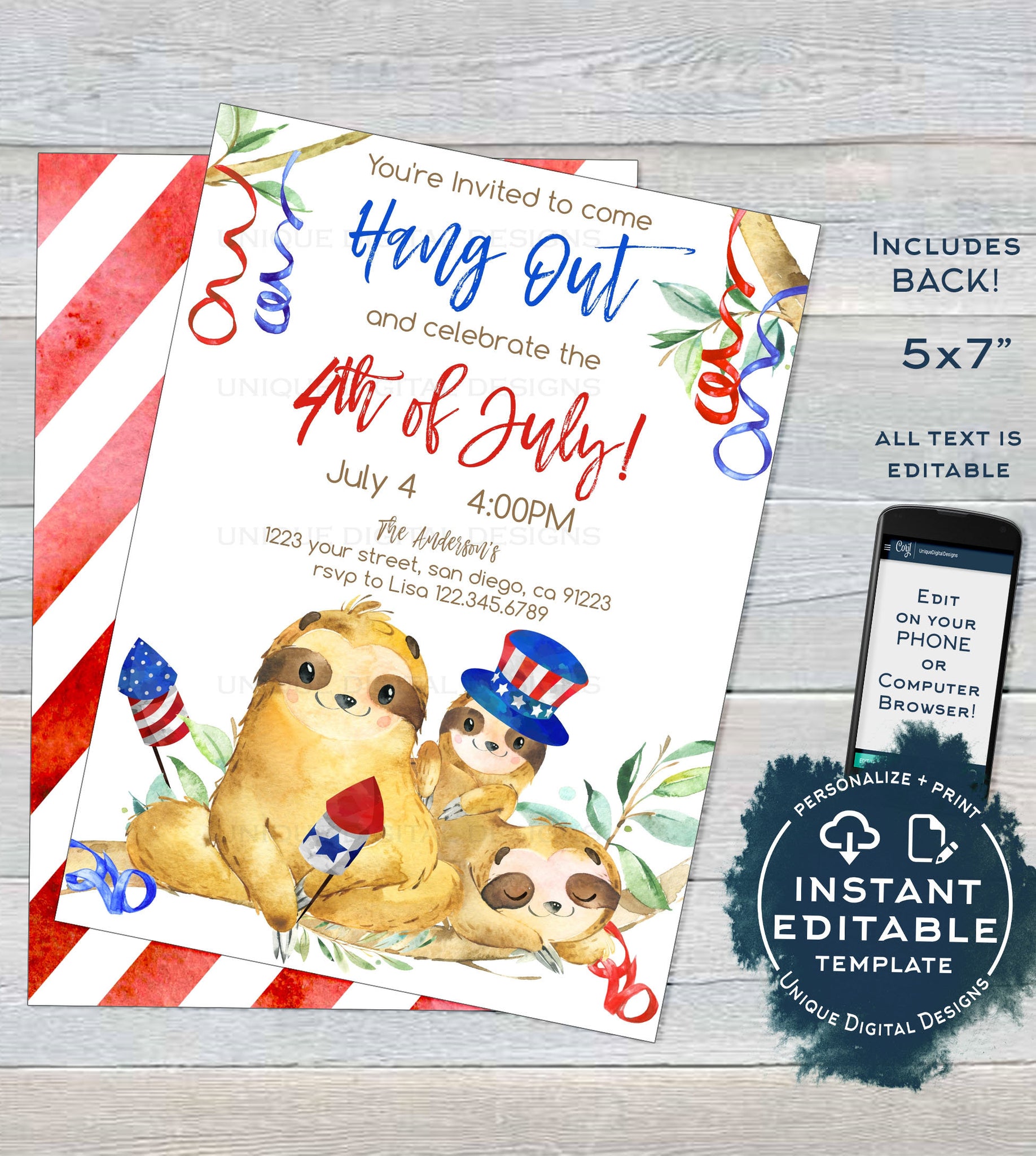 4th of July Sloth Invitation, Editable Backyard Grill Invite Slow Down