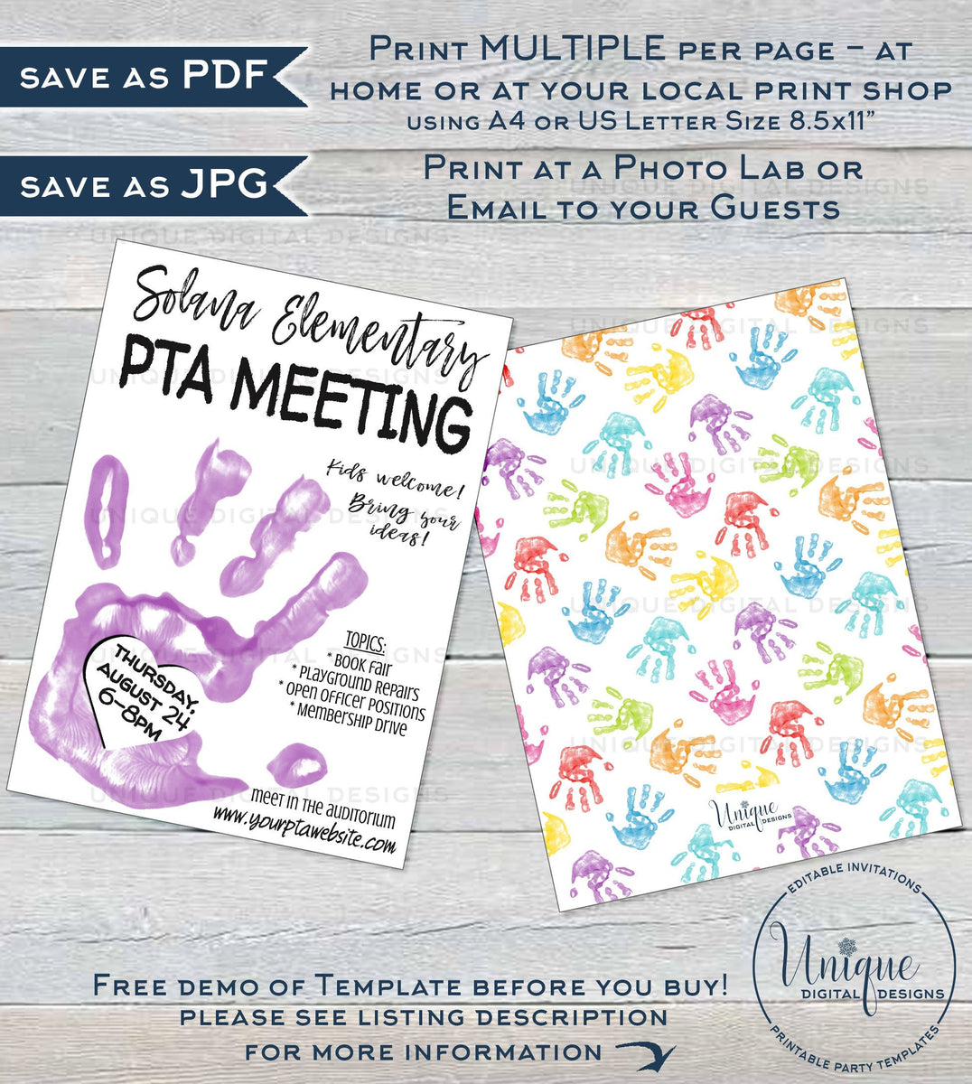 Editable PTA Meeting Invitation, Parent Teacher Invite, pto ptsa Schoo