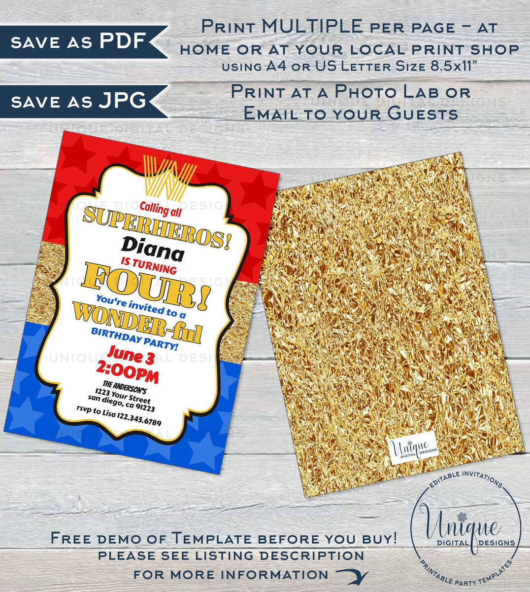 Superhero Invitation Wonder Woman Party Invite Superman Birthday Invit