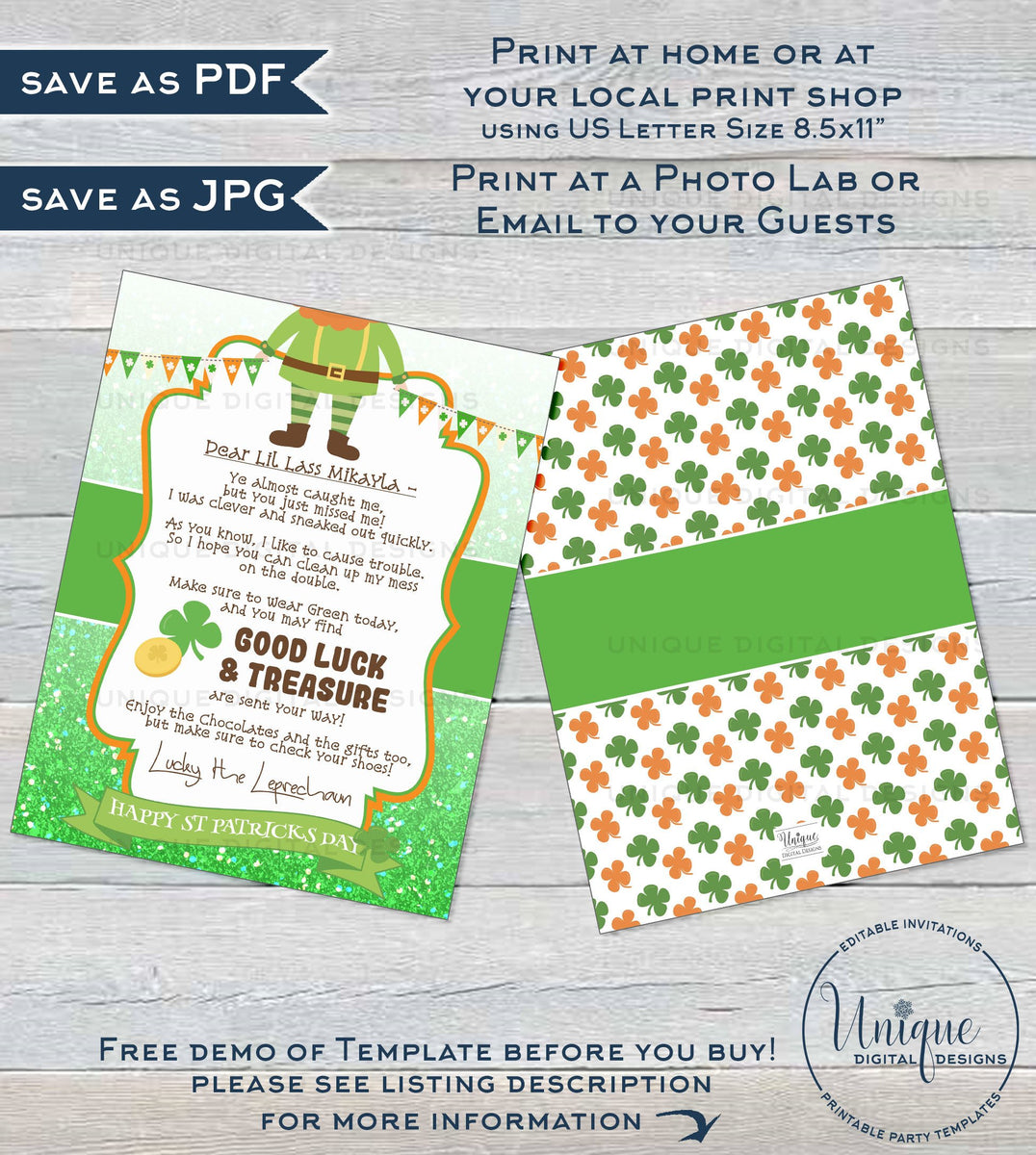 Editable Leprechaun Letter, St Patrick's Day Note, Lucky Irish Leprech