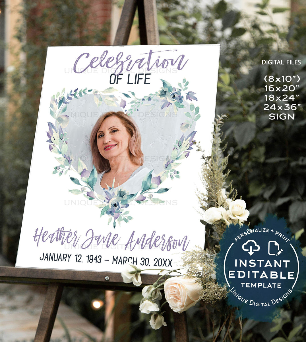 Flower Funeral Welcome Sign, Editable Celebration of Life Sign, Printa